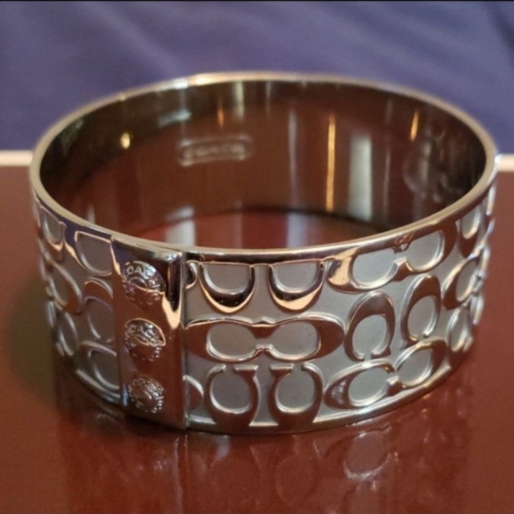 Coach Wide Silver Tone Logo Bangle Bracelet - Gem